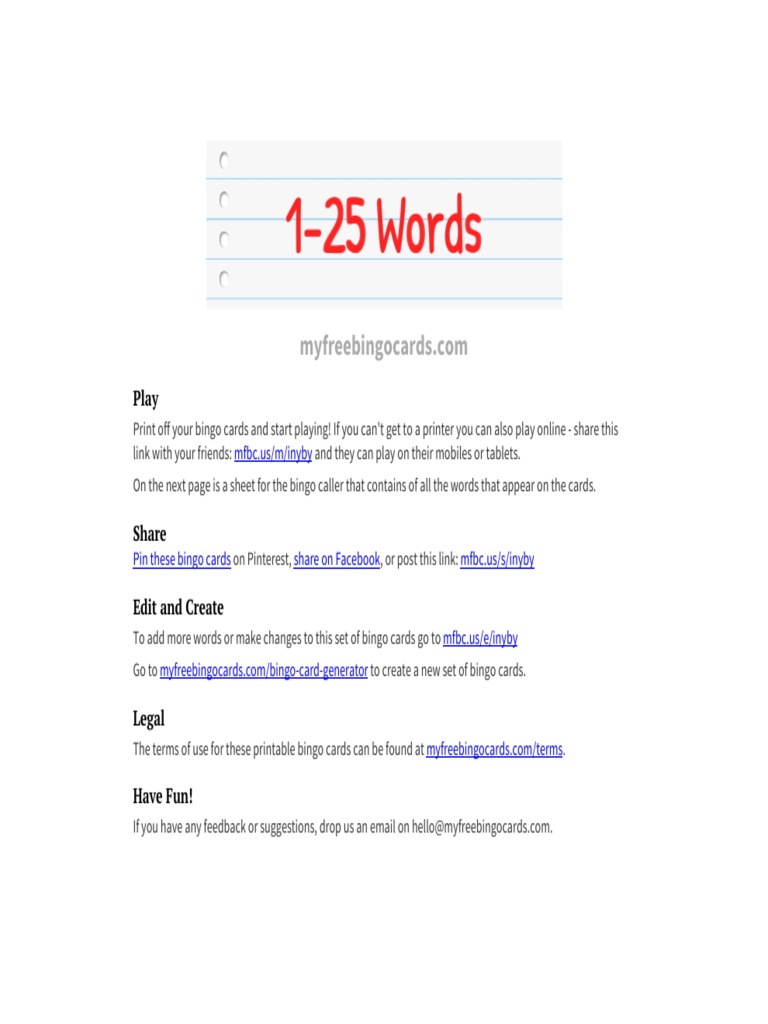 125 Words Bingo | PDF | Computing