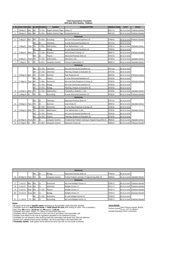 CAIE Examinations Timetable GCE June 2021 Session - Pokhara | PDF ...