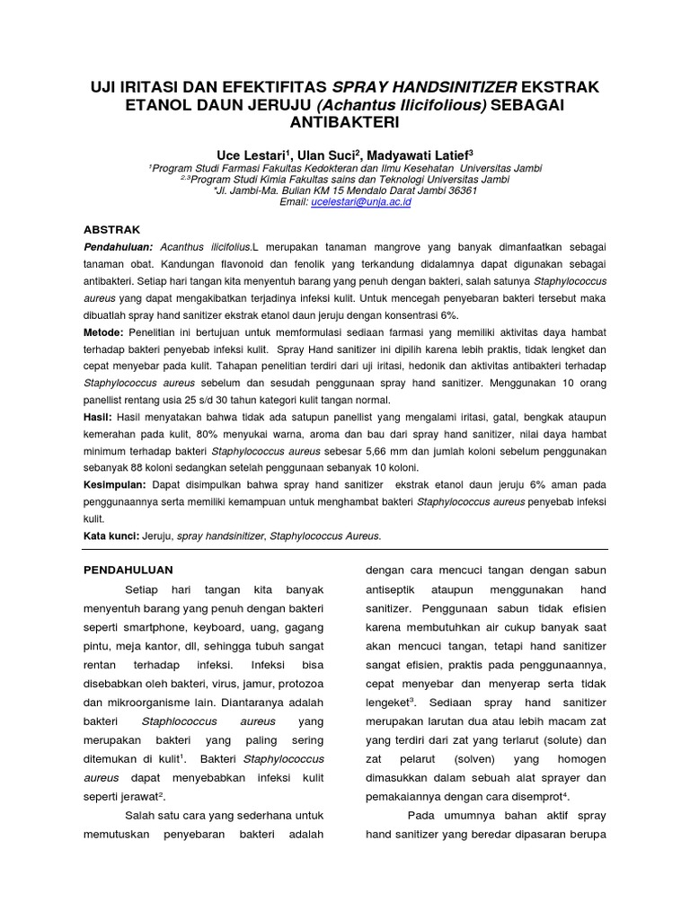UJI IRITASI DAN EFEKTIFITAS SPRAY HANDSINITIZER EKSTRAK ETANOL DAUN JERUJU (Achantus ...