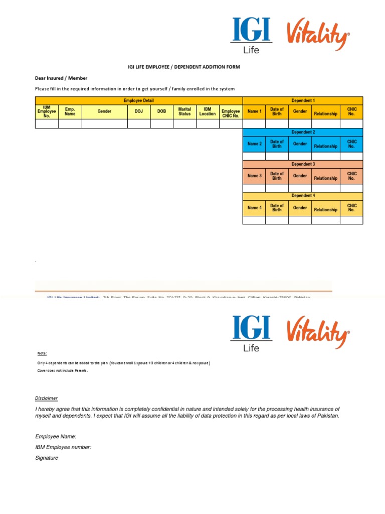 Igi Life Employee / Dependent Addition Form: Dear Insured / Member | PDF
