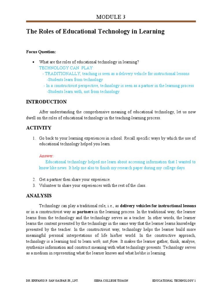 The Roles of Educational Technology in Learning: Focus Question | PDF ...