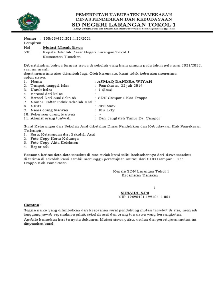 Contoh Surat Mutasi Masuk Siswa | PDF