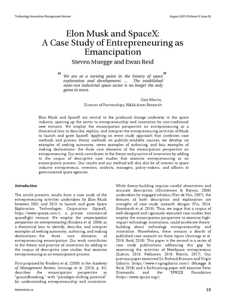 Elon Musk and Spacex: A Case Study of Entrepreneuring As Emancipation ...