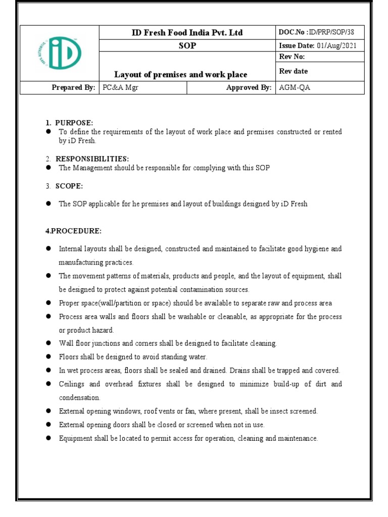 38-SOP-Layout of Work Place and Premises | PDF | Foods | Wall