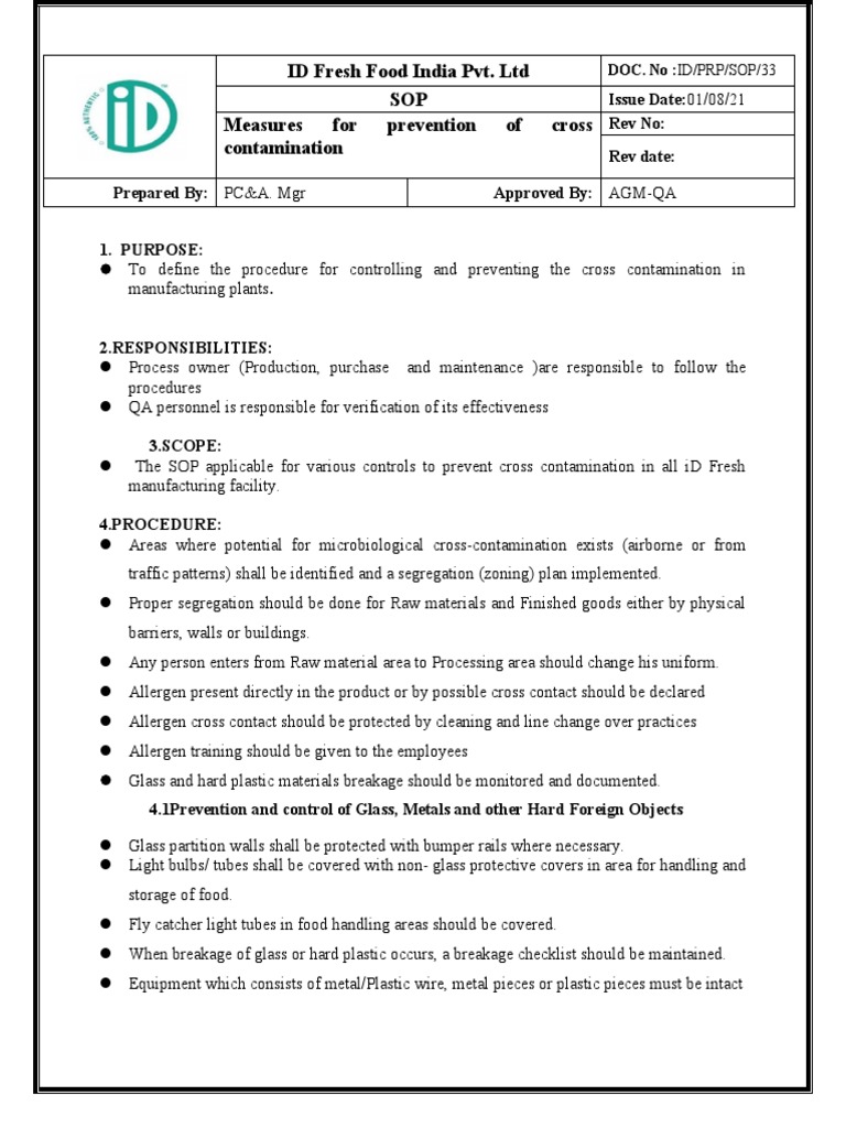33-SOP-Measures For Prevention of Cross Contamination | PDF | Foods ...