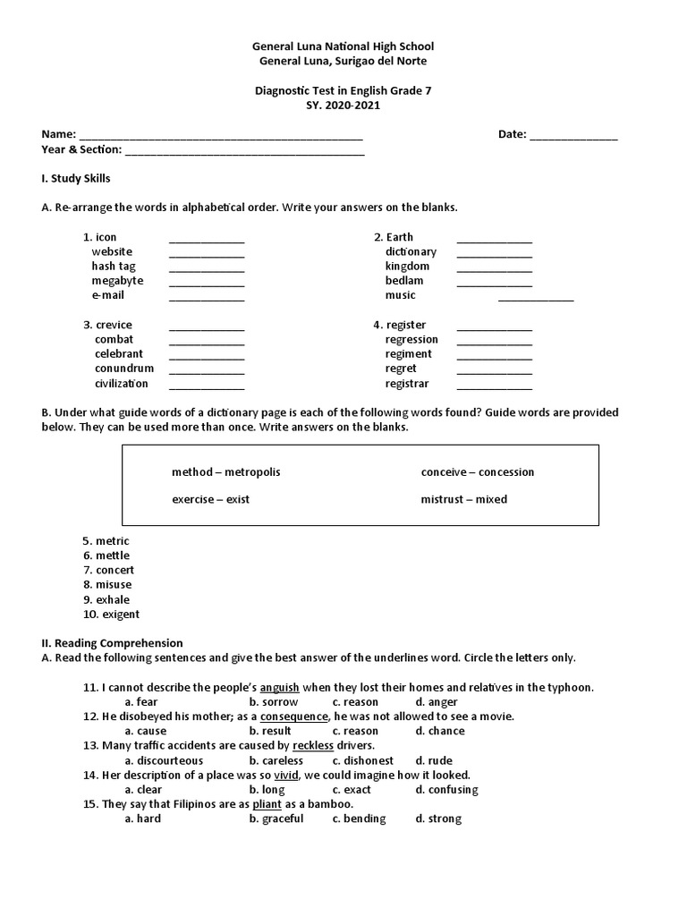 Diagnostic Test English 7 | PDF | Sharks | Fish