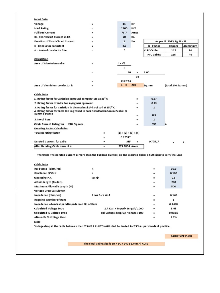 HT Cable Sizing Calculation | PDF | Electrical Impedance | Electrical ...