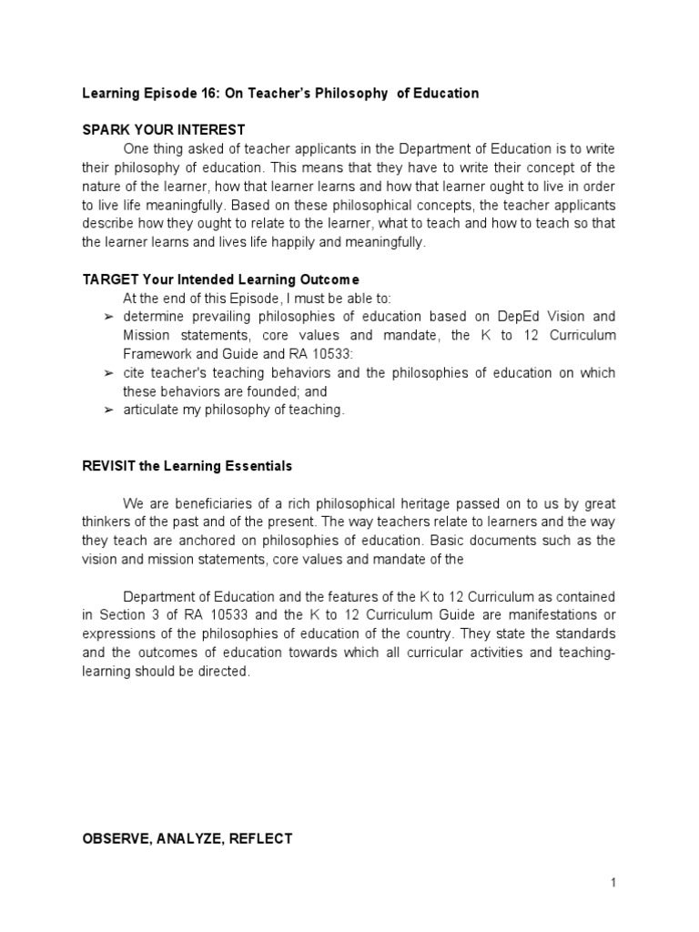 Teacher's Philosophy of Education: Analyzing DepEd's Guiding Principles ...
