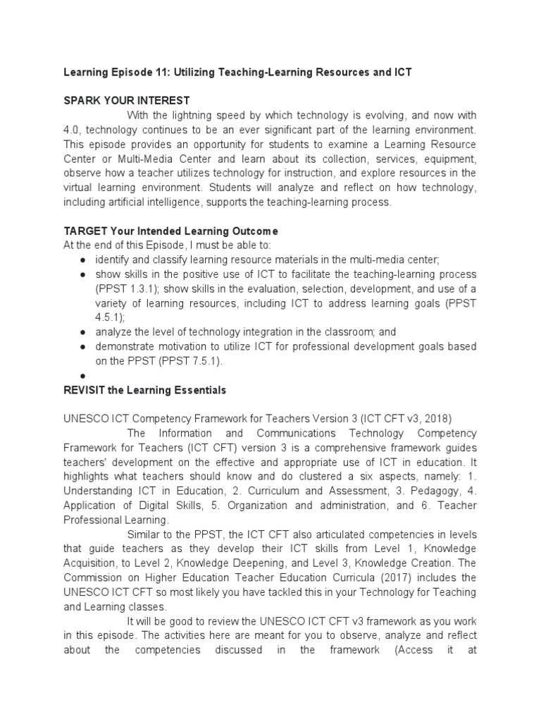 NEIL JOSHUA ALMARIO - Learning Episode 11 - Utilizing Teaching-Learning Resources and ICT | PDF ...
