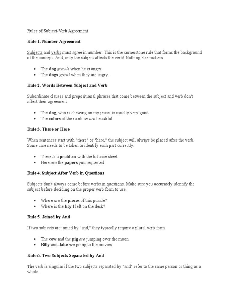 Rule 1. Number Agreement: Rules of Subject-Verb Agreement | PDF ...