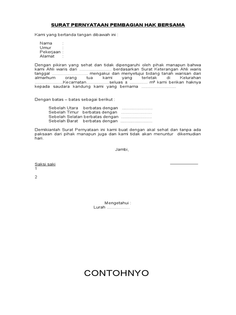 Surat Pernyataan Pembagian Hak Bersama Blanko | PDF Surat Pernyataan Pembagian Hak Bersama Blanko | PDF