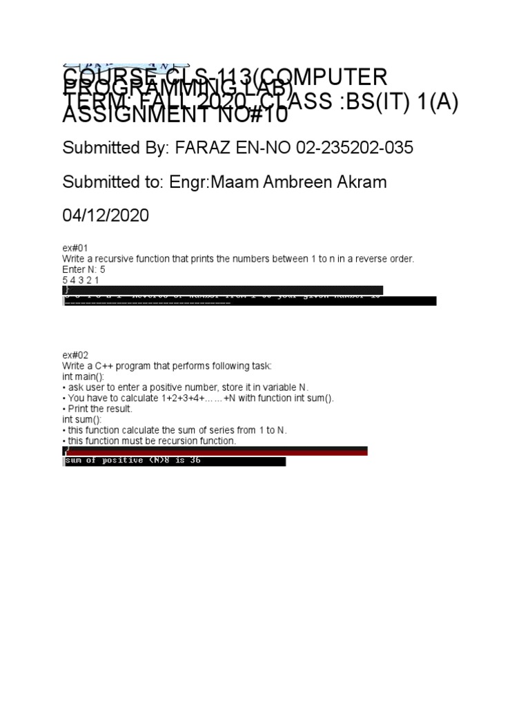 Course Cls-113 (Computer Programming Lab) TERM: FALL 2020, CLASS:BS (IT ...