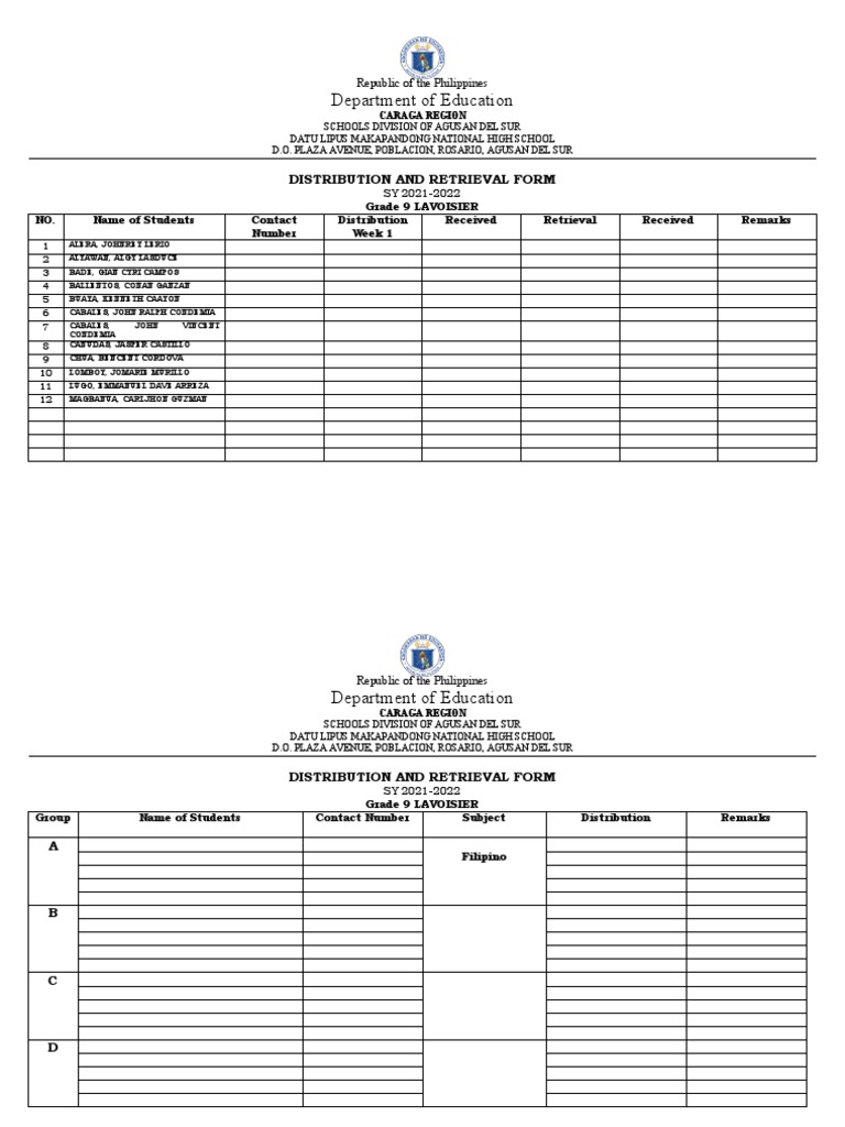 Department of Education: Distribution and Retrieval Form | PDF ...