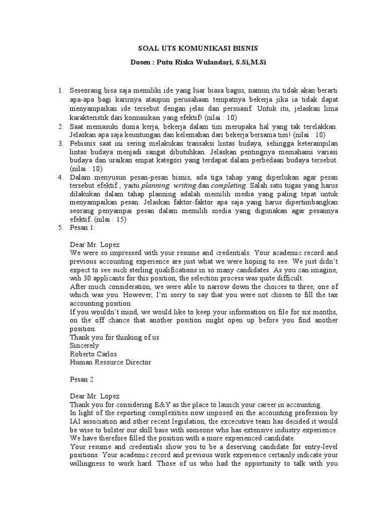 Soal UTS Komunikasi Bisnis 2023 | PDF