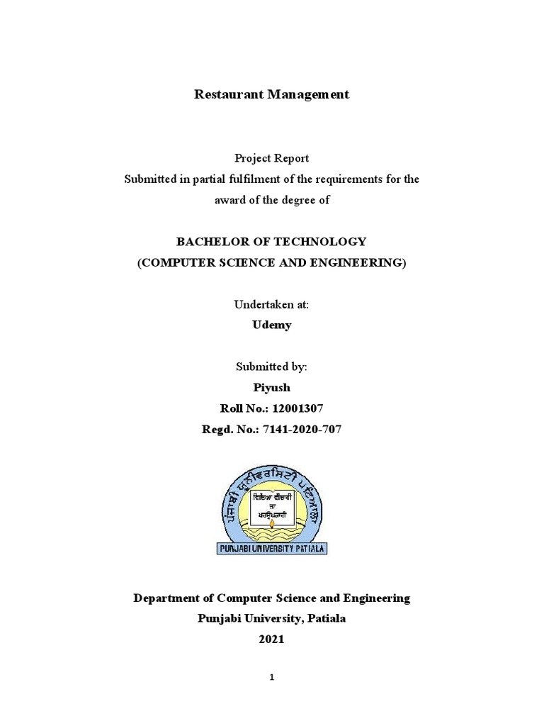 Restaurant Management: Project Report Submitted in Partial Fulfilment ...