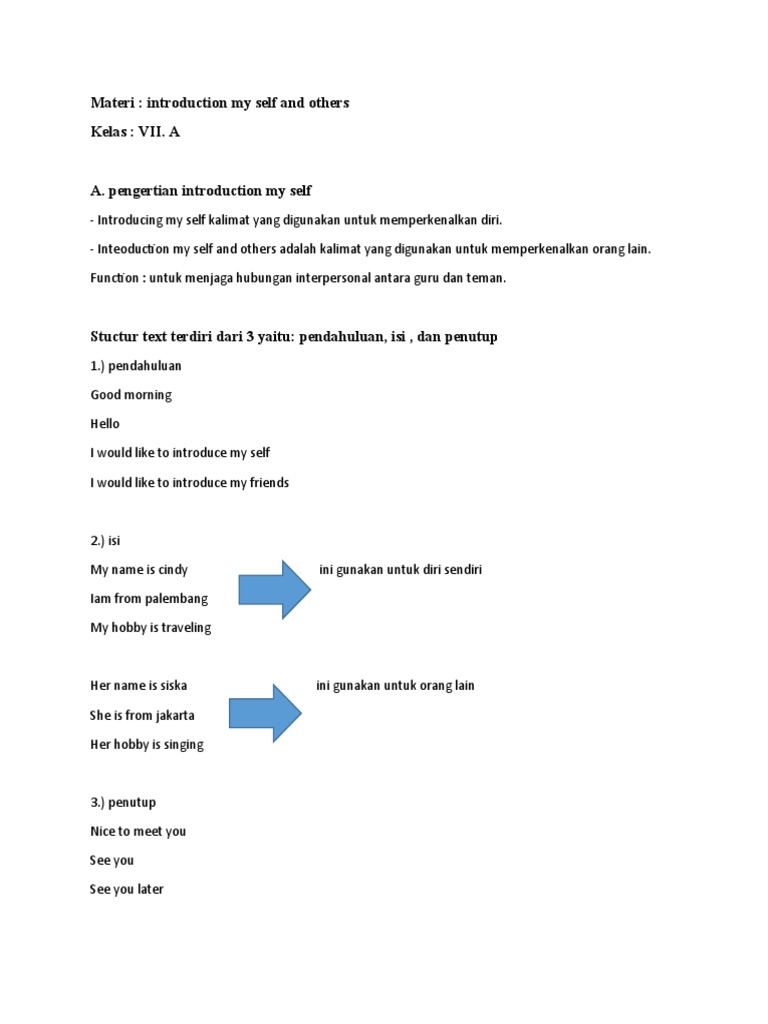 Materi Self Introduction Kelas 7 | PDF | Seni & Disiplin Bahasa | Seni