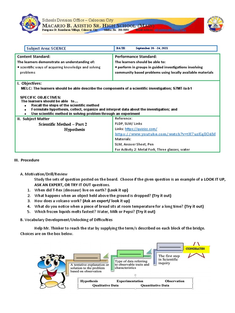 DLP-Science 7 Module 2 Week 2 | PDF | Hypothesis | Scientific Method