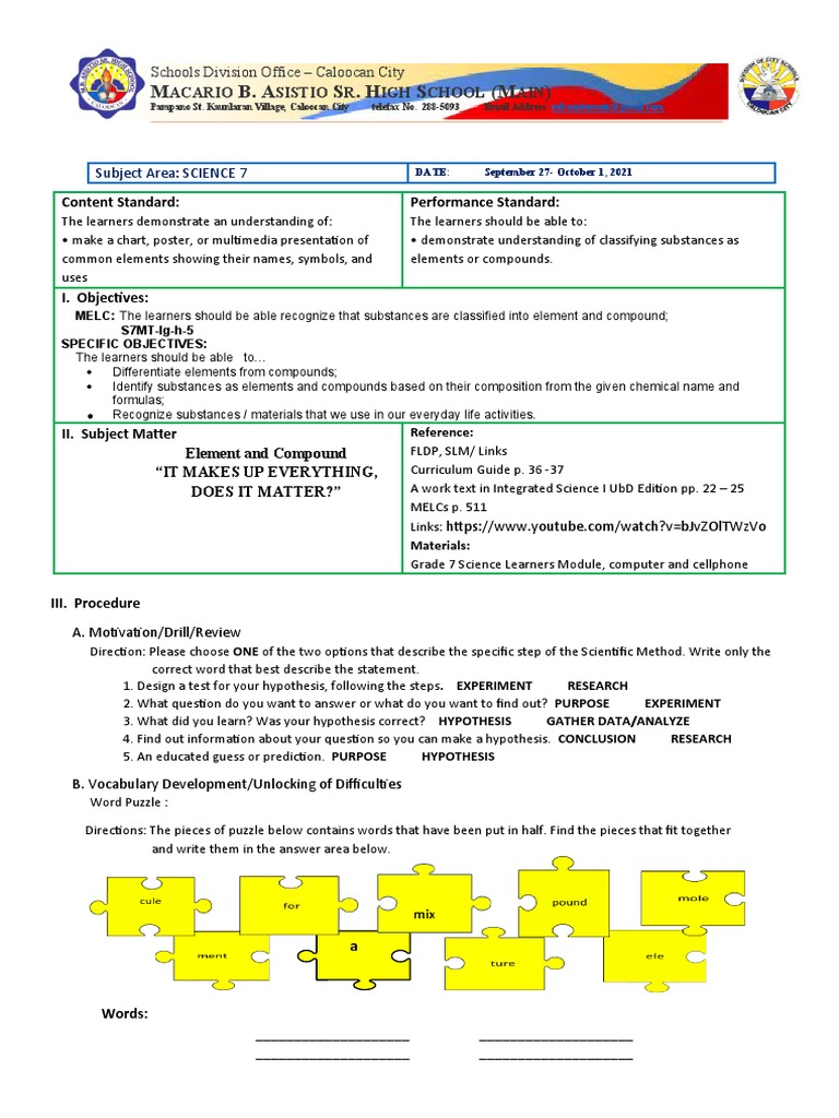 Science 7: Elements and Compounds Lesson | PDF | Chemical Compounds ...