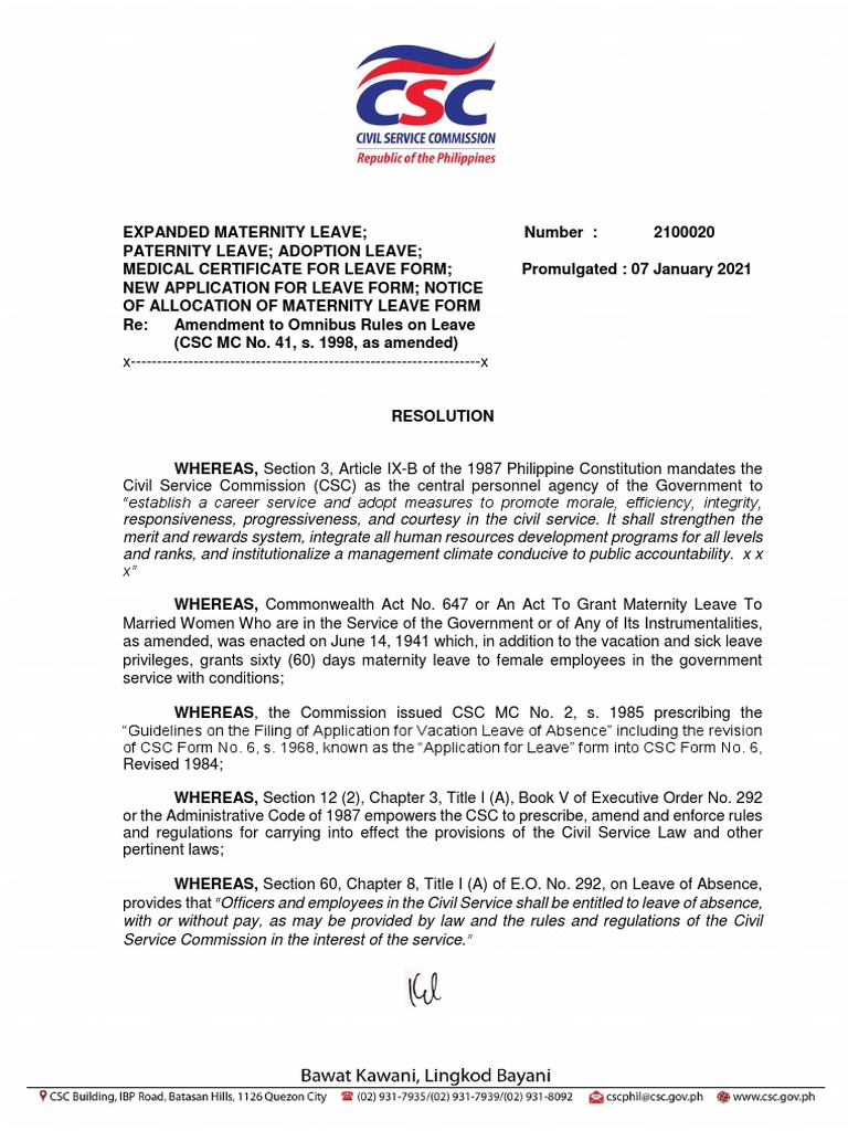 CSC Resolution No. 2100020 Dated 07 January 2021 | PDF | Parental Leave ...