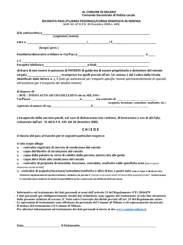 Modulo 02. Richiesta Pass in Deroga | PDF