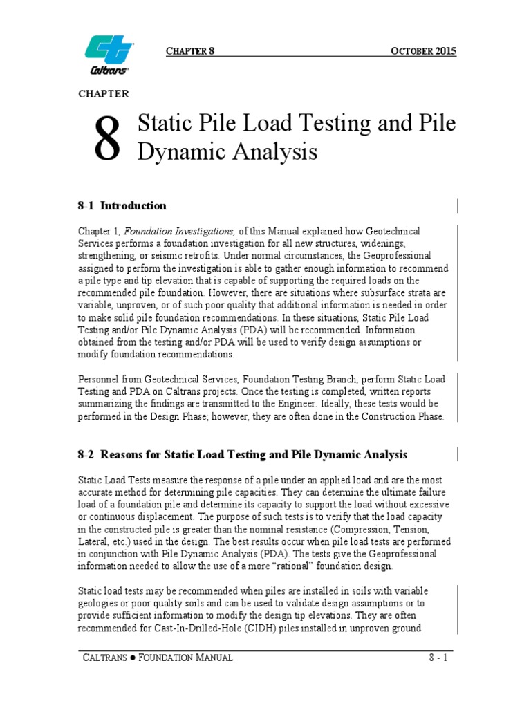 Static Pile Load Testing and Pile Dynamic Analysis: 8-1 Introduction ...