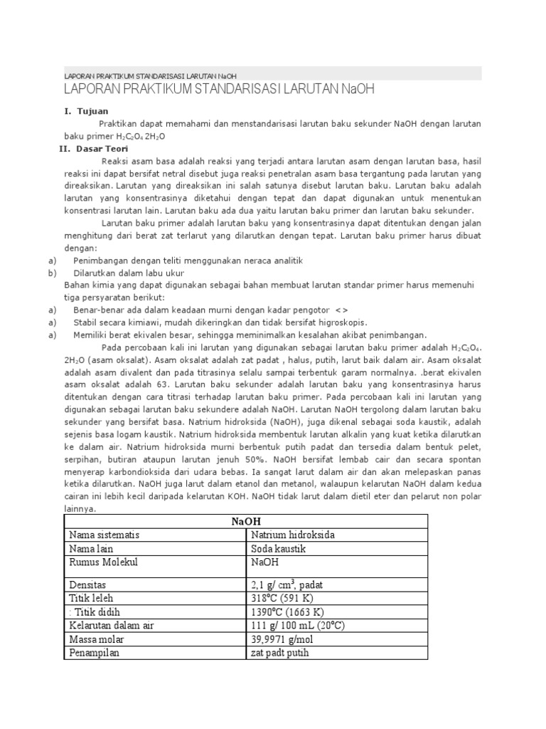 LAPORAN PRAKTIKUM STANDARISASI LARUTAN NaOH | PDF