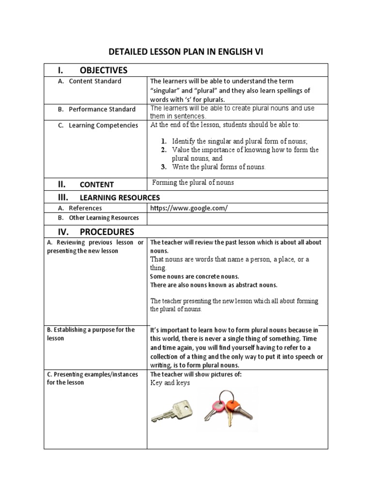 DETAILED LESSON FORMAT Grade 6 | PDF | Plural | Noun