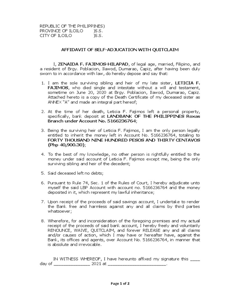 Affidavit of Self-Adjudicaiton With Quitclaim | PDF | Affidavit ...