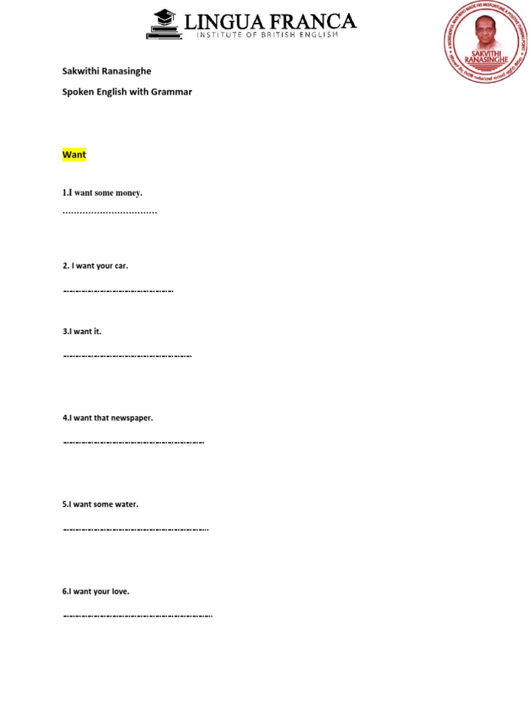 Sakwithi Ranasinghe Spoken English With Grammar: 1.I Want Some Money. | PDF