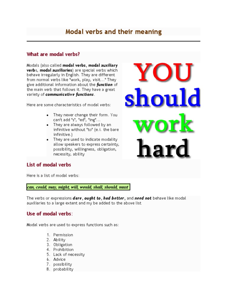 Modal Verbs and Their Meaning | PDF | Syntax | Linguistic Morphology