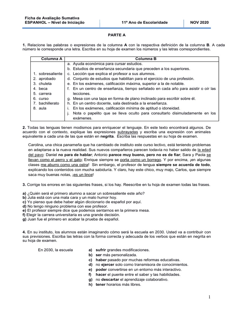 Evaluación de Español para Iniciantes | PDF | Prueba (evaluación ...