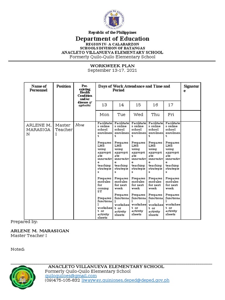 WORKWEEK PLAN Q1W1 September 13-17, 2021 | PDF