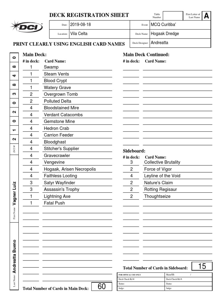 Deck Registration Sheet: Print Clearly Using English Card Names Main ...