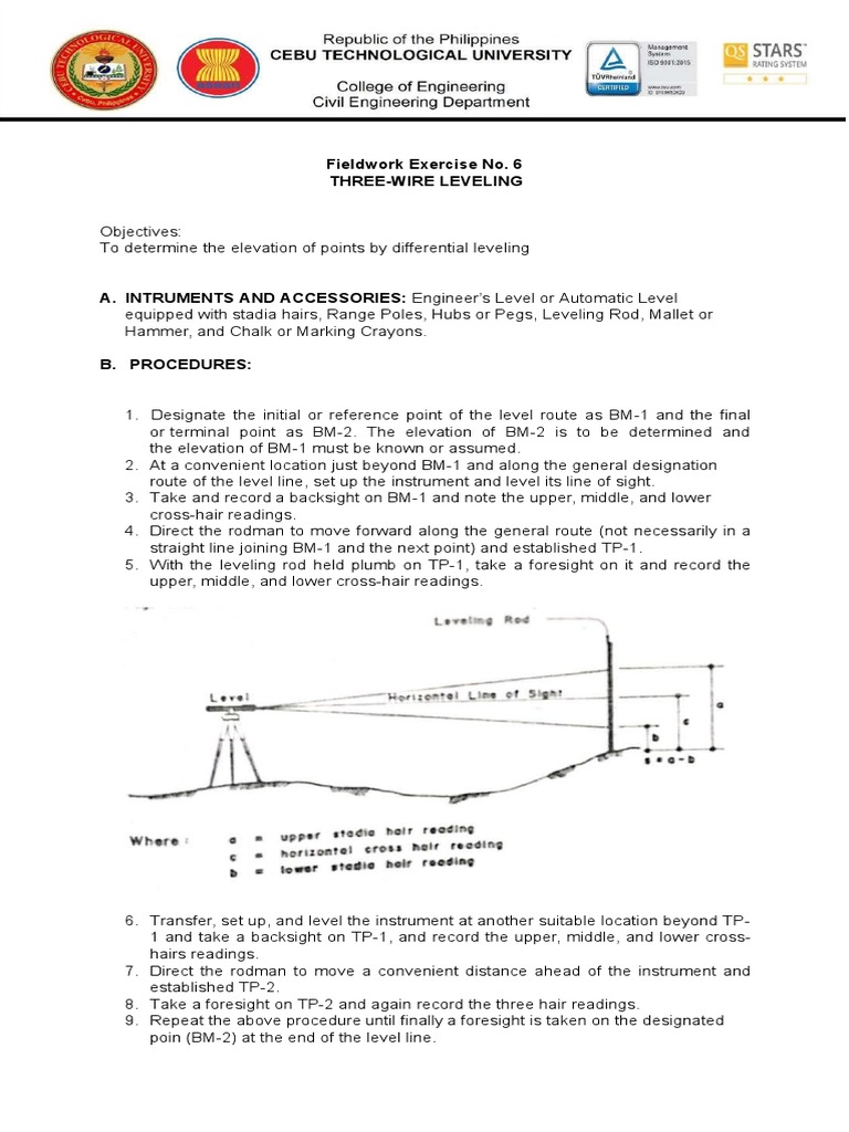 Fieldwork Exercise No. 6 Three-Wire Leveling | PDF | Scientific Observation | Metrology