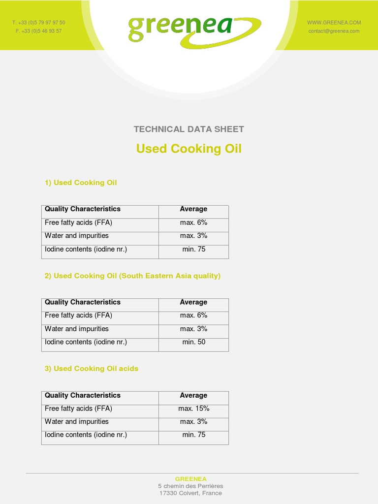 Used Cooking Oil: Technical Data Sheet | PDF