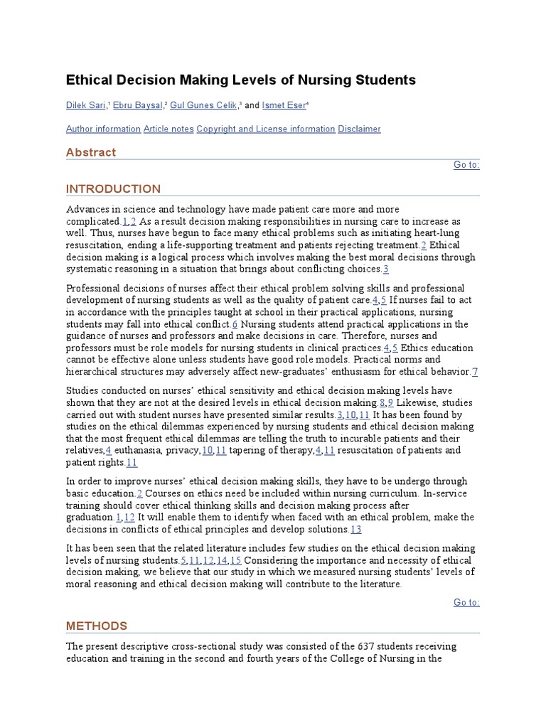 Ethical Decision Making Levels of Nursing Students | PDF | Nursing ...