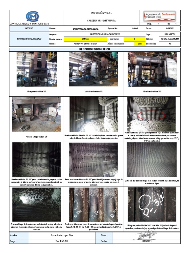 Reporte Inspección Visual Caldera VR | PDF | Tubería (transporte de ...