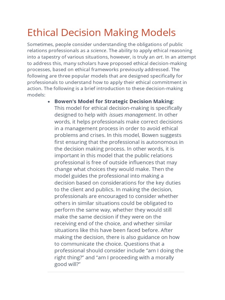 Ethical Decision Making Models | PDF | Decision Making | Persuasion