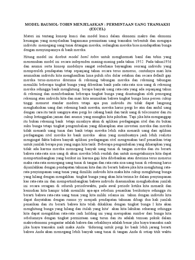 Model Baumol-Tobin Menjelaskan: Permintaan Uang Transaksi (Excel) | PDF
