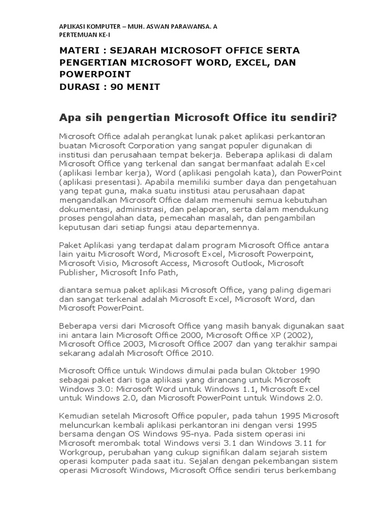 Materi Ke 1 Sejarah Microsoft Office Serta Pengertiannya Pdf