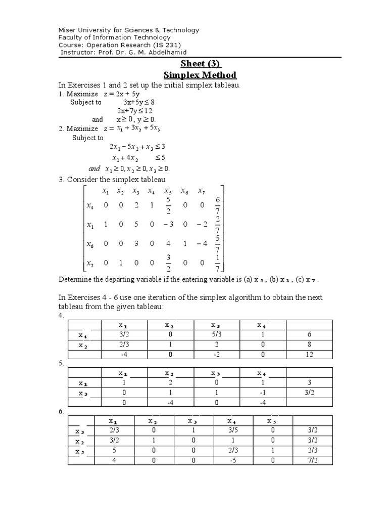 Sheet 3 Simplex Method Pdf Mathematical Optimization Linear Programming