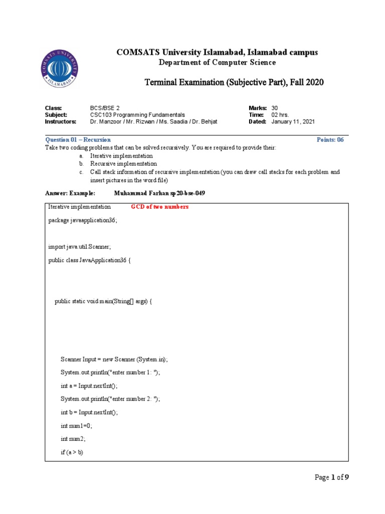 CSC103 - Subjective Part (Fall 2020) 1 | PDF | String (Computer Science ...