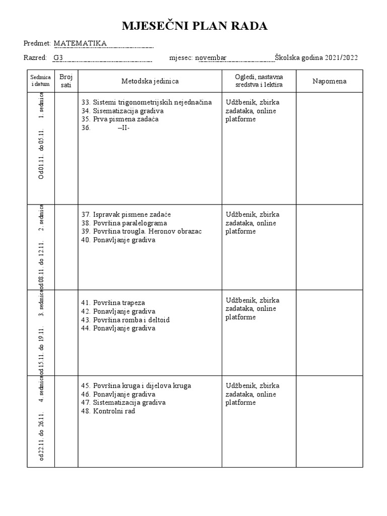 Mjesečni Plan Rada: Sedmica I Datum | PDF