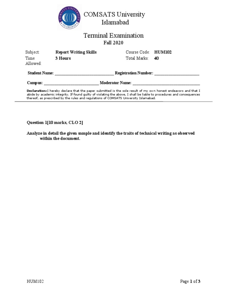 COMSATS University Islamabad Terminal Examination: Fall 2020 | PDF ...