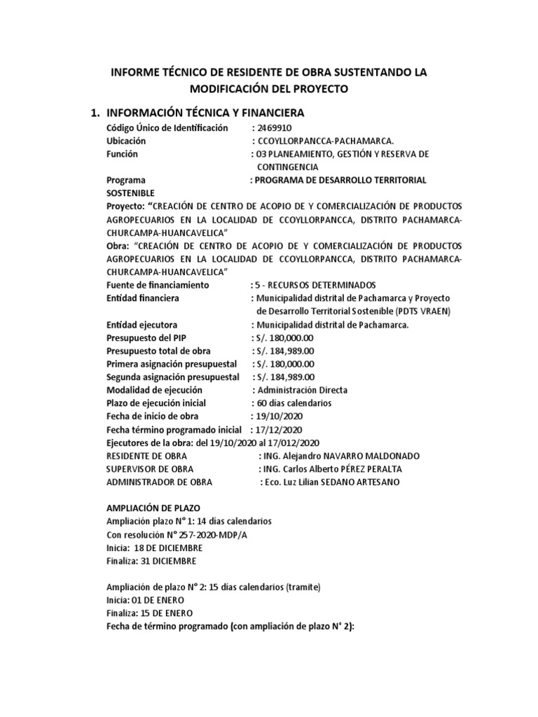 Informe Técnico de Residente de Obra Sustentando La Modificación Del ...