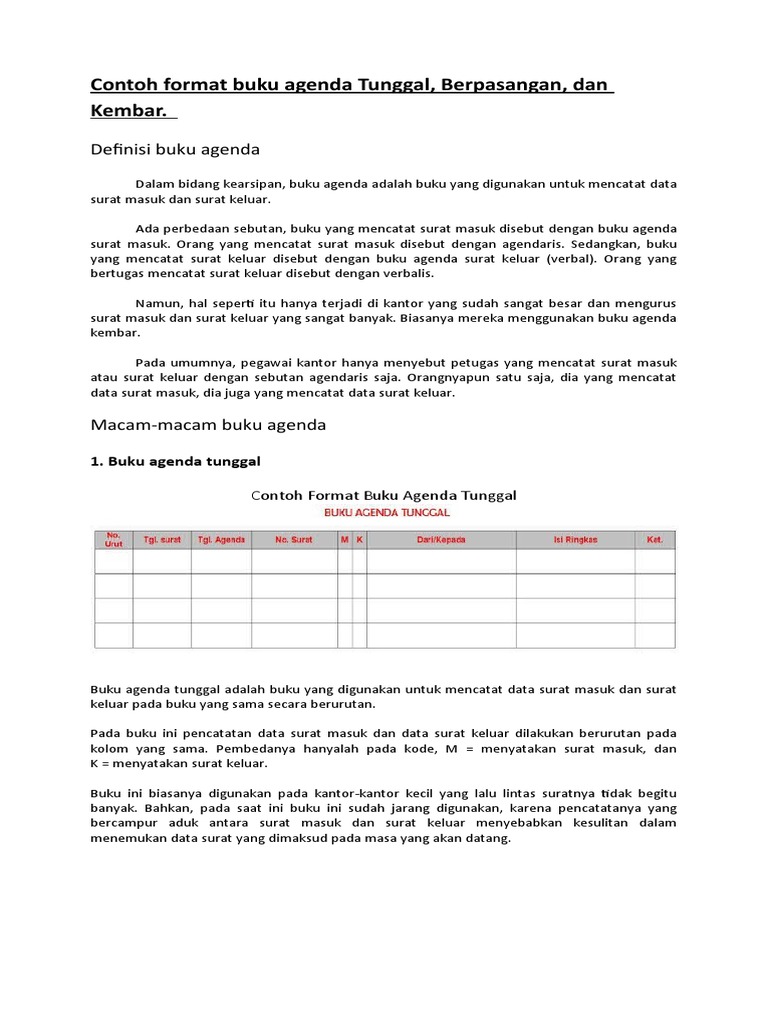 Contoh Format Buku Agenda Tunggal | PDF