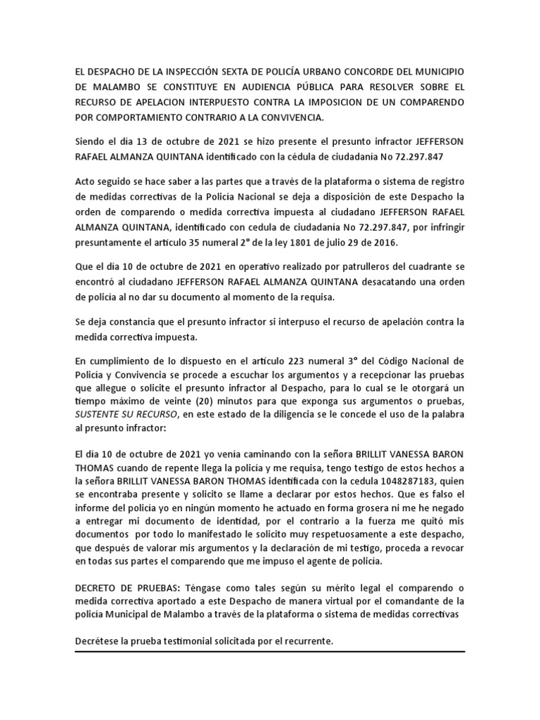 Audiencia Comparendo Jeferson Rafael Almanza Quintana | PDF | Policía ...
