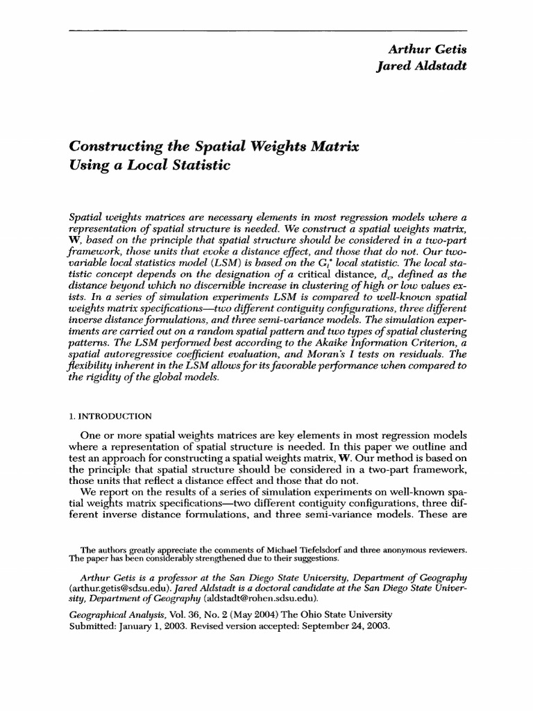 Constructing The Spatial Weights Matrix Using A Local Statistic | PDF | Spatial Analysis ...