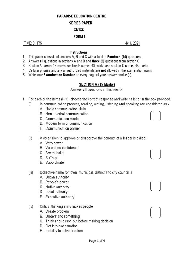Paradise Education Centre Series Paper Civics Form 4: SECTION A (15 ...