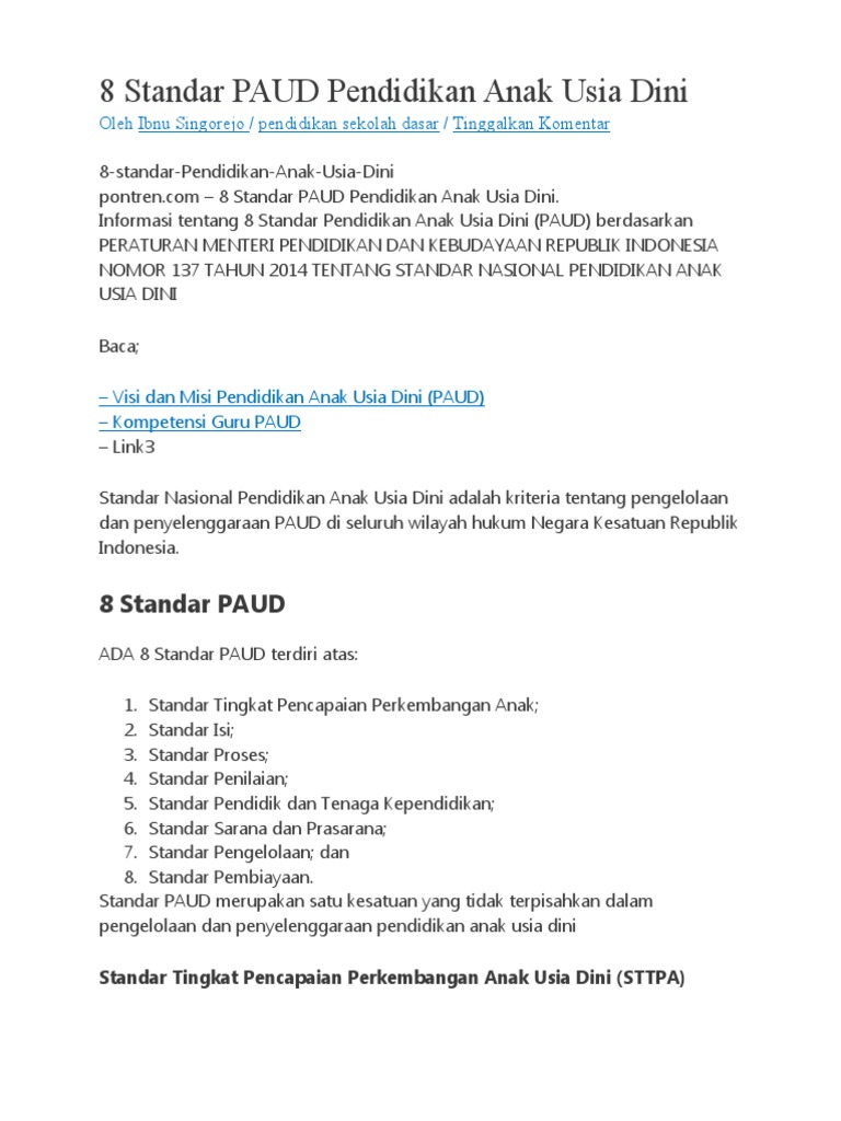 8 Standar PAUD Pendidikan Anak Usia Dini | PDF